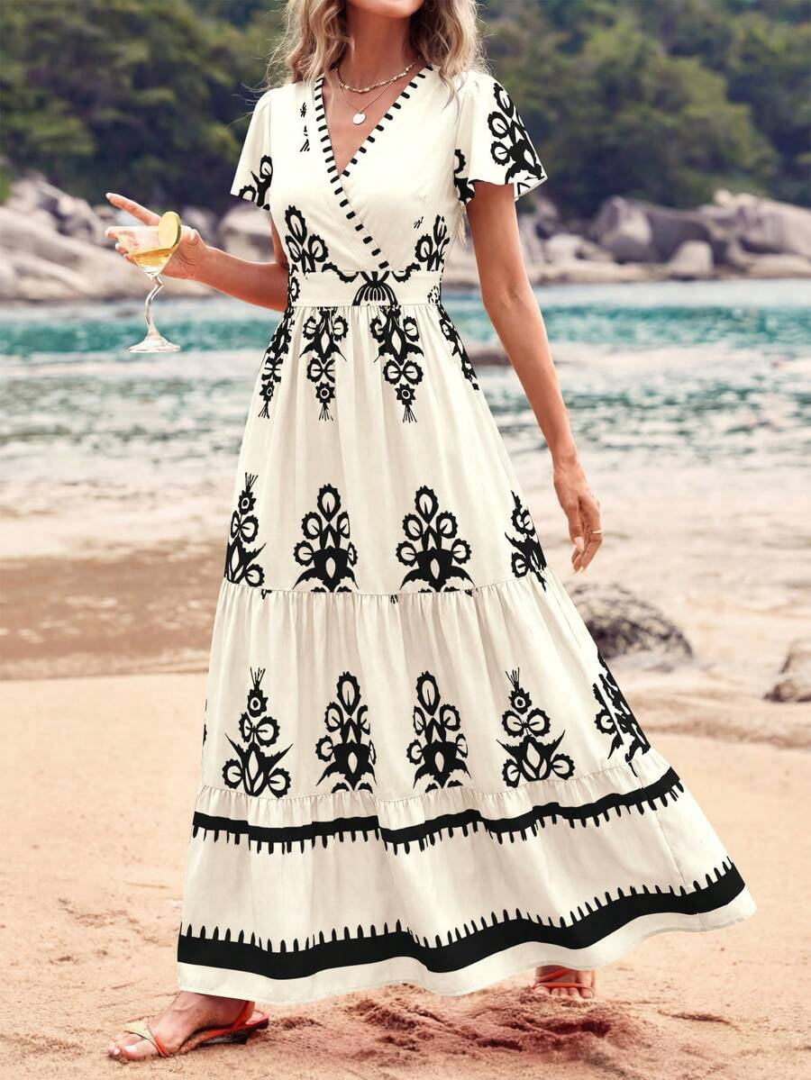 Apricot Black Color Womens Summer V-Neck Bohemian Maxi Dress Flowing A ...