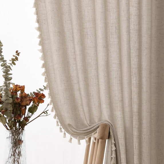 Apricot Boho Curtains 80 Inch 2 Panels Linen Blend Semi Sheer Light ...