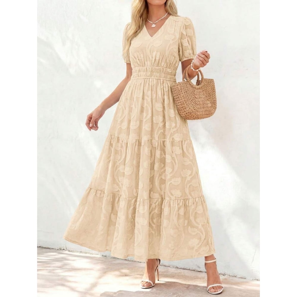Apricot Boho Embossed Floral Maxi Dress With V-Neck, Short Sleeves ...