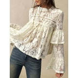 Apricot Boho Lace Round Neck Flare Sleeve Ruffle Hem Blouse For Women ...