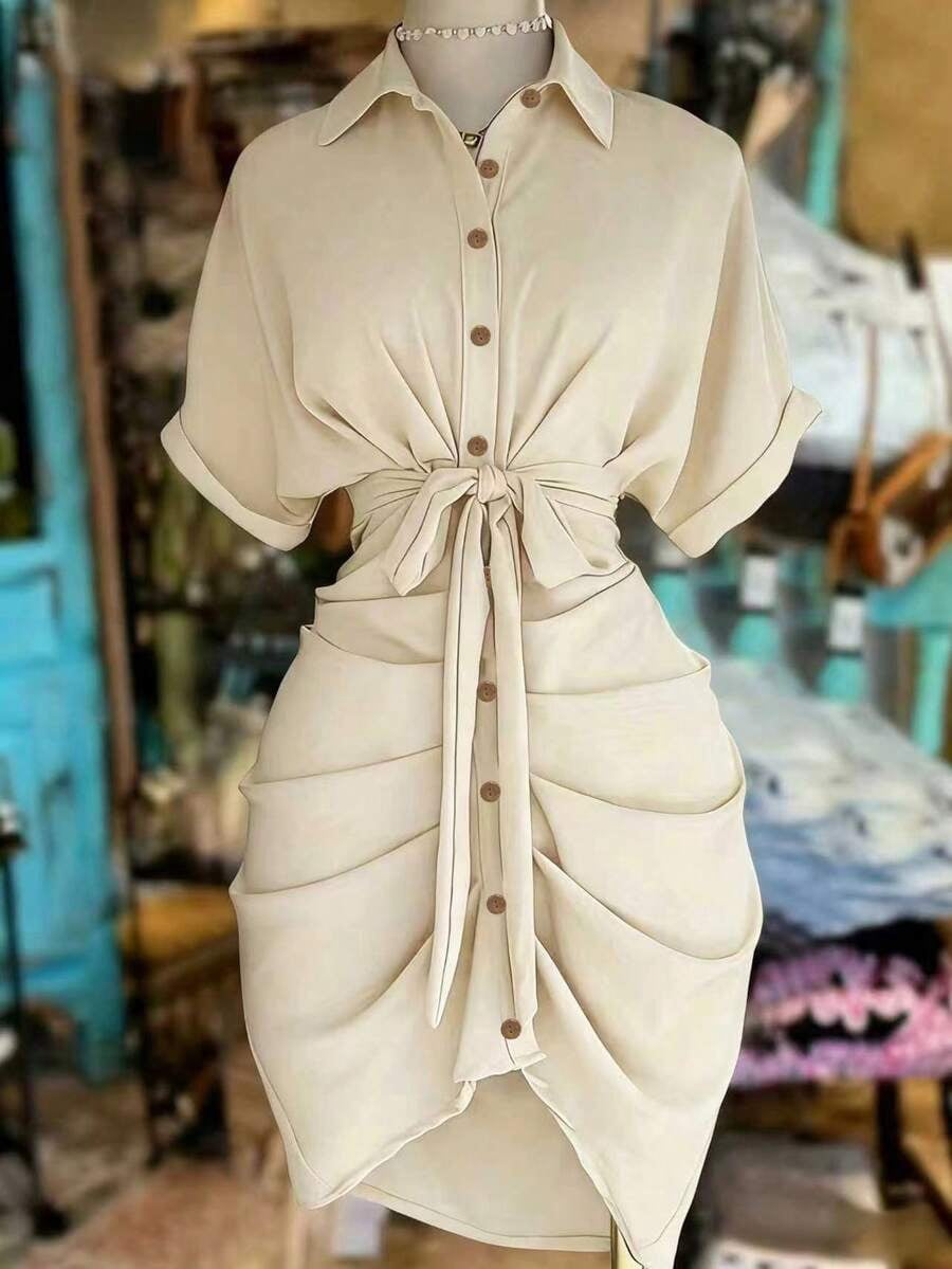 Apricot Collared Single-Breasted Tie-Waist Short Sleeve Shirt Dress ...
