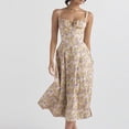 Apricot-Colored Print Spaghetti Strap Corset Bodice A-Line Midi Dress ...