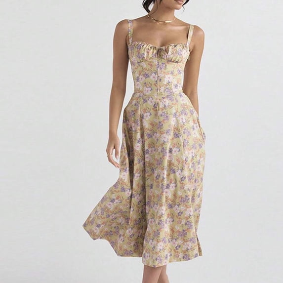 Apricot-Colored Print Spaghetti Strap Corset Bodice A-Line Midi Dress ...