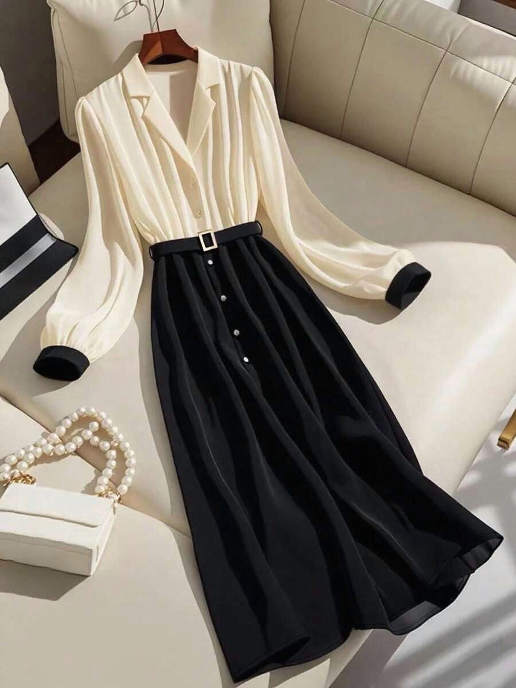 Apricot Contrast Color Patchwork Long Sleeve Shirt Dress With Belted ...