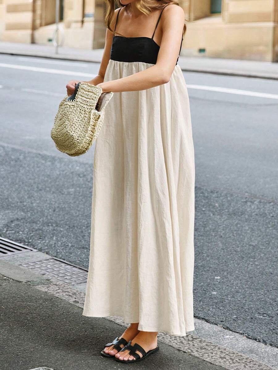 Apricot Contrast Color Slip Maxi Dress, Urban Minimalist Elegant Dress ...