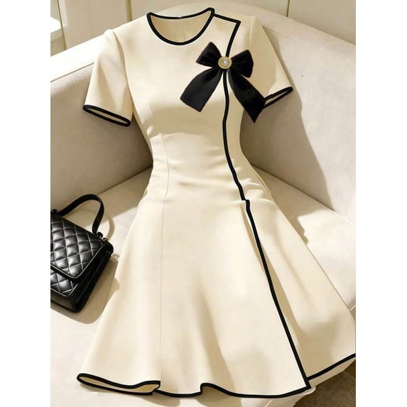 Apricot Contrast Trim Bow Decor Elegant Short Sleeve Mini Dress ...
