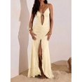 Apricot Deep V-Neck Ruched Mesh Slip Maxi Dress With High Slit For ...