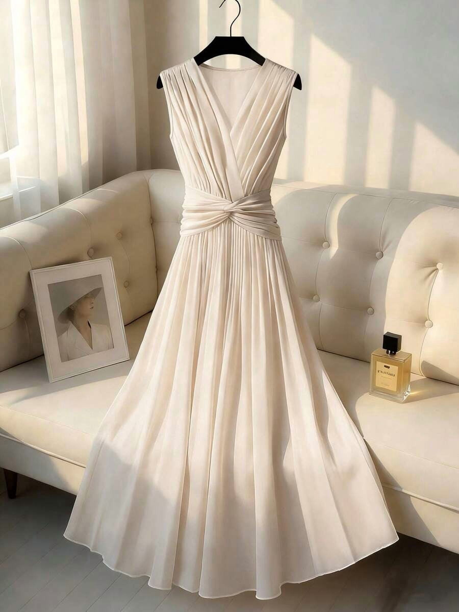 Apricot Elegant Satin V-Neck Sleeveless Twist Waist Draped Maxi Dress ...