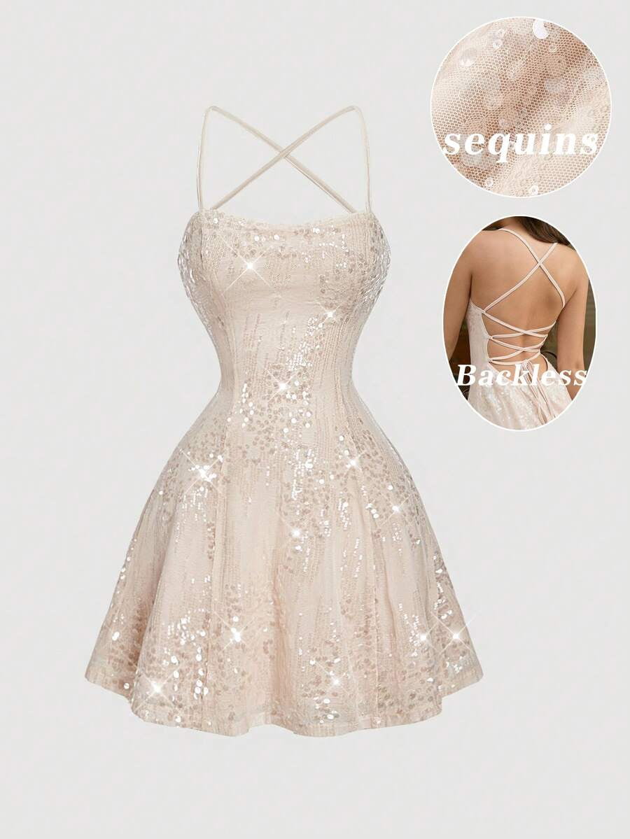 Apricot Embroidered Floral Mini Dress With Spaghetti Straps, Backless ...