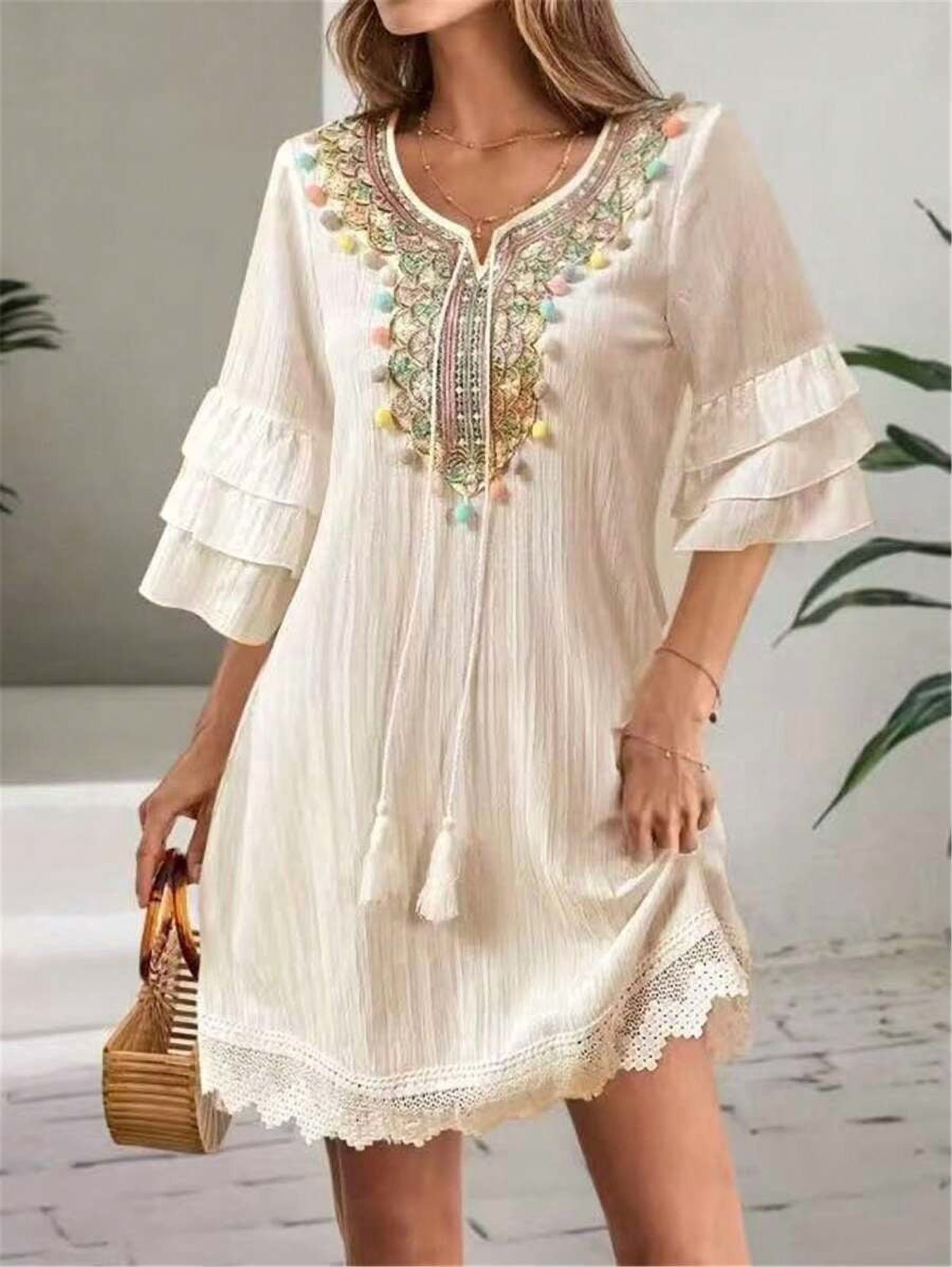 Apricot Embroidered V-Neck Tunic Dress With Pom-Pom & Tassel Trim ...