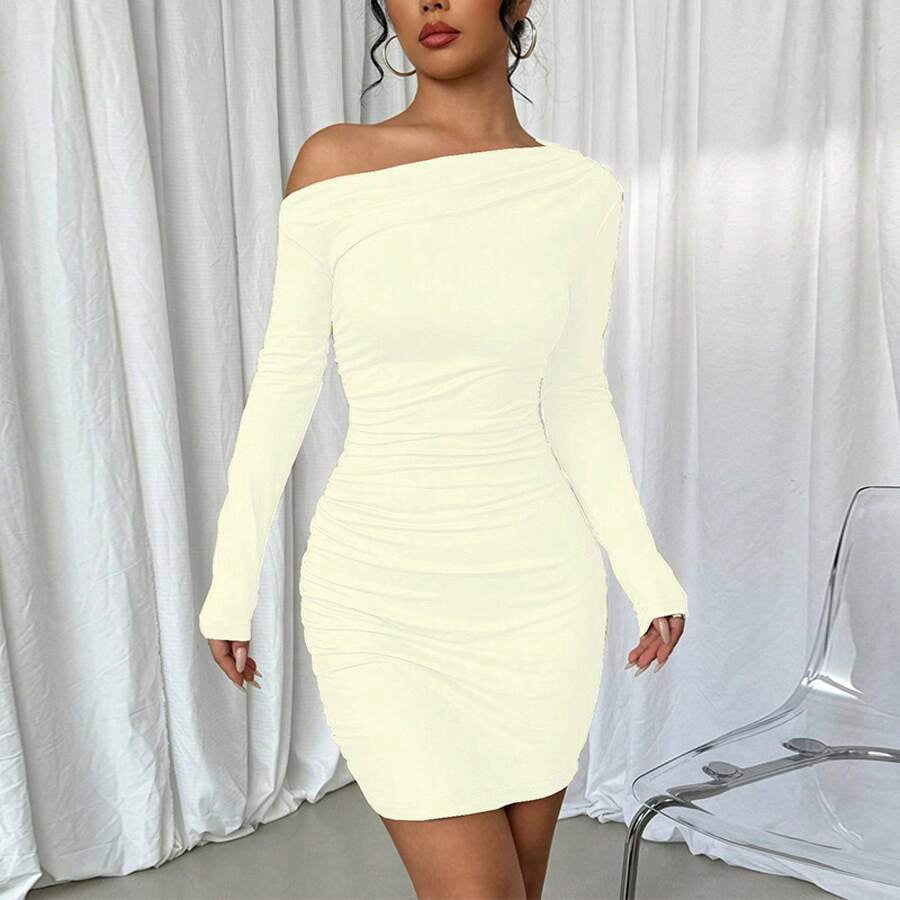 Apricot European Size Off-Shoulder Long Sleeve Bodycon Mini Dress, Slim ...