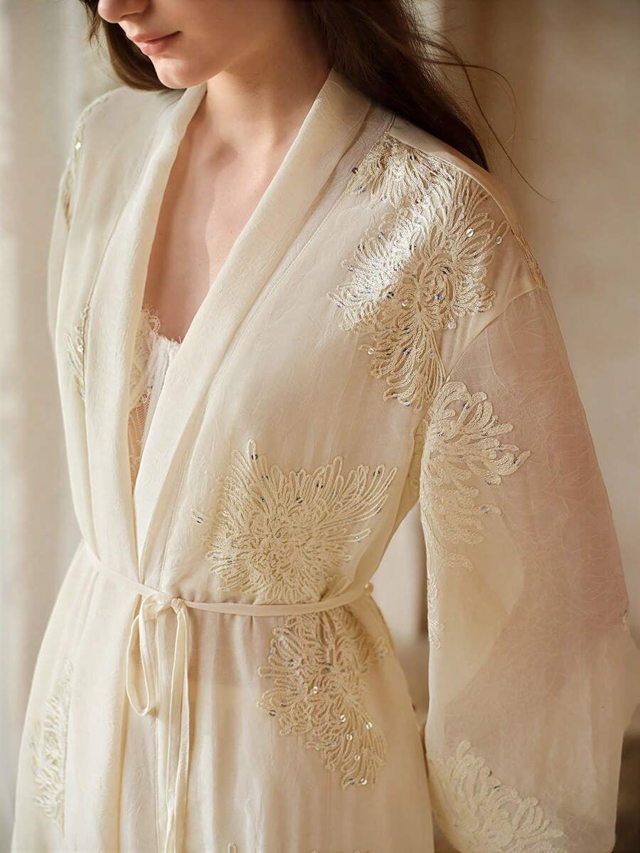 Apricot Floral Embroidered Kimono-Style Sleep Robe With Sash Tie ...