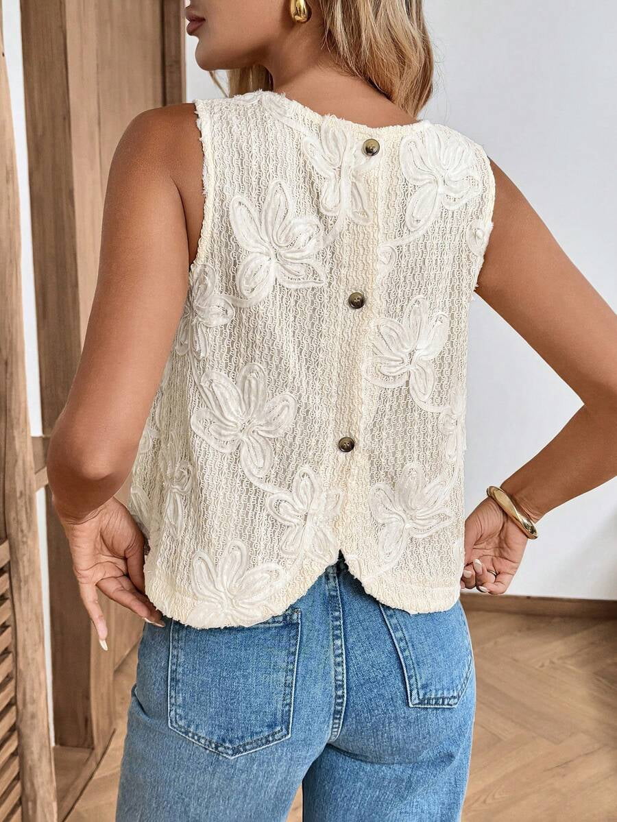 Apricot Floral Embroidered Sleeveless Cropped Top With Button Back ...