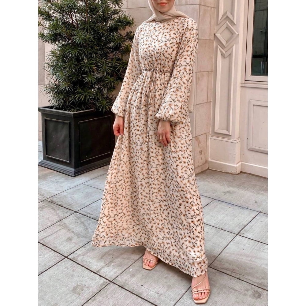 Apricot Floral Print Long Sleeve Maxi Dress Casual Elegant Spring ...