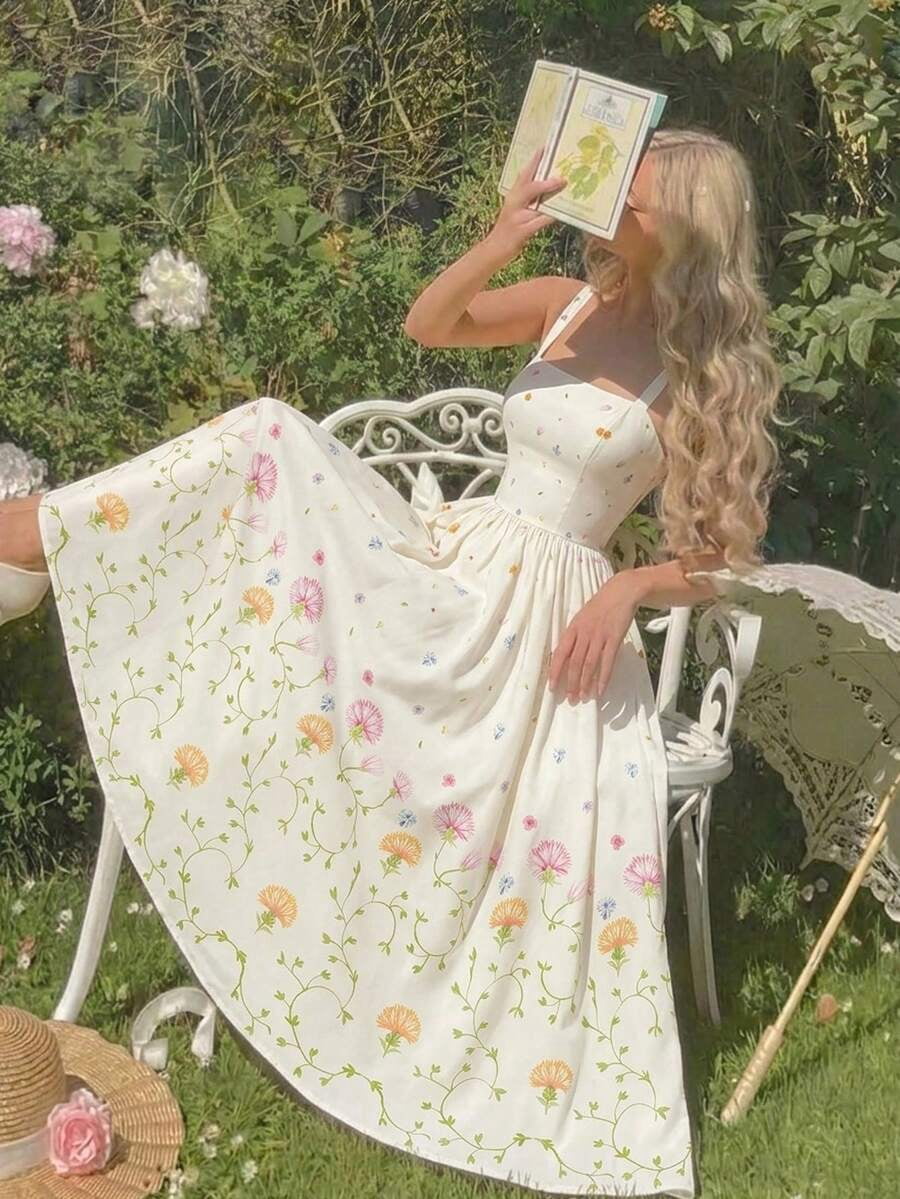 Apricot Floral Print Midi Dress With Spaghetti Straps, A-Line Fit ...