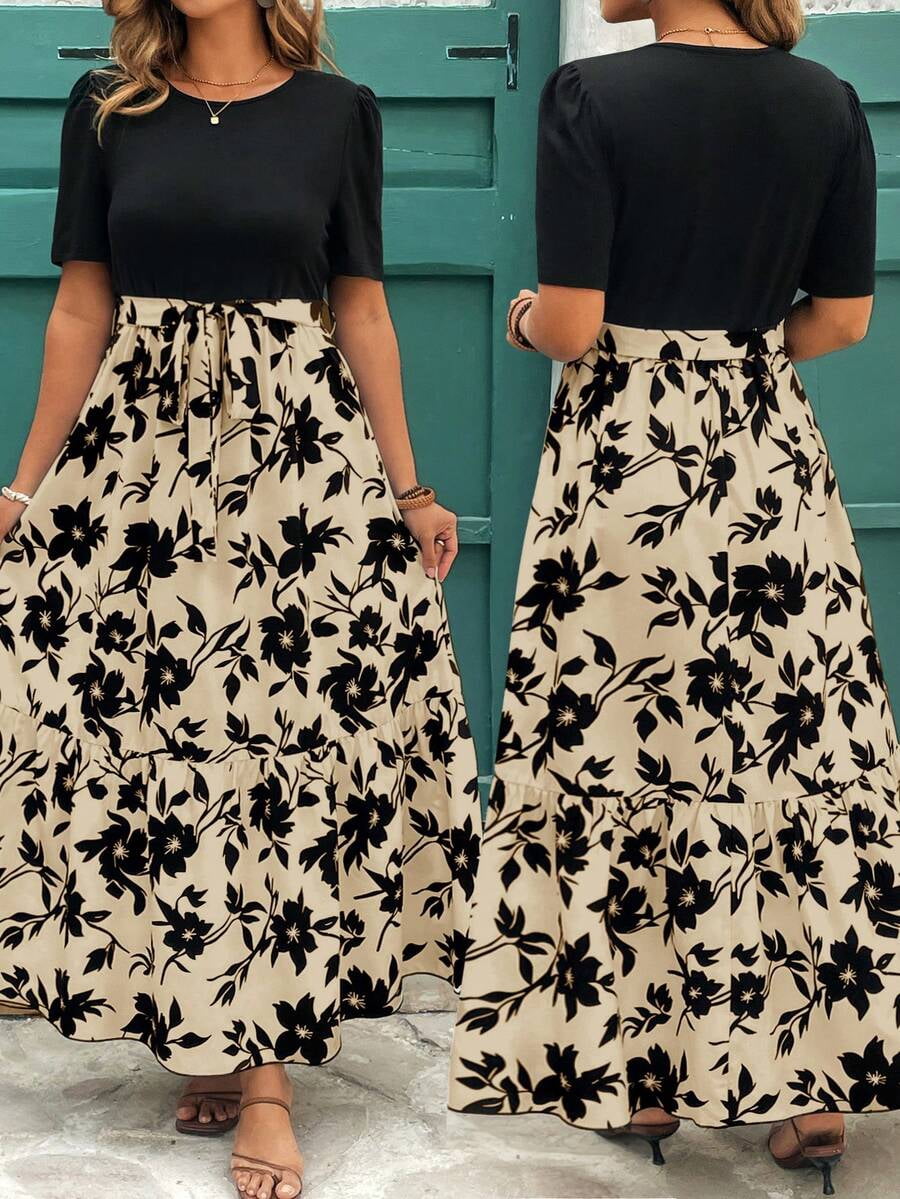 Apricot Floral Print Ruffle Hem Short Sleeve Maxi Dress For Women ...