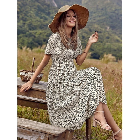 Apricot Floral Print Ruffle Short Sleeve Midi Dress For Women - Walmart.com