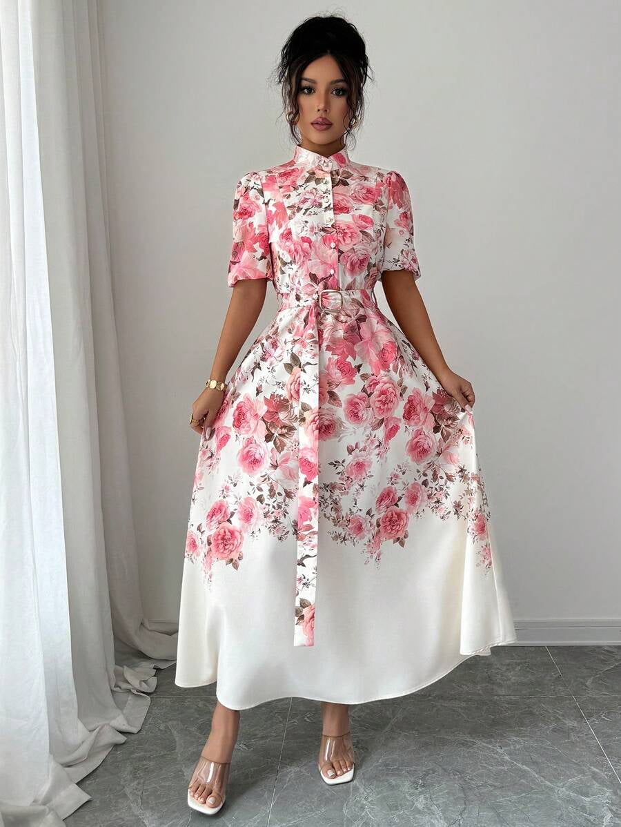 Apricot Floral Print Stand Collar Short Sleeve Waisted Flared Midi ...