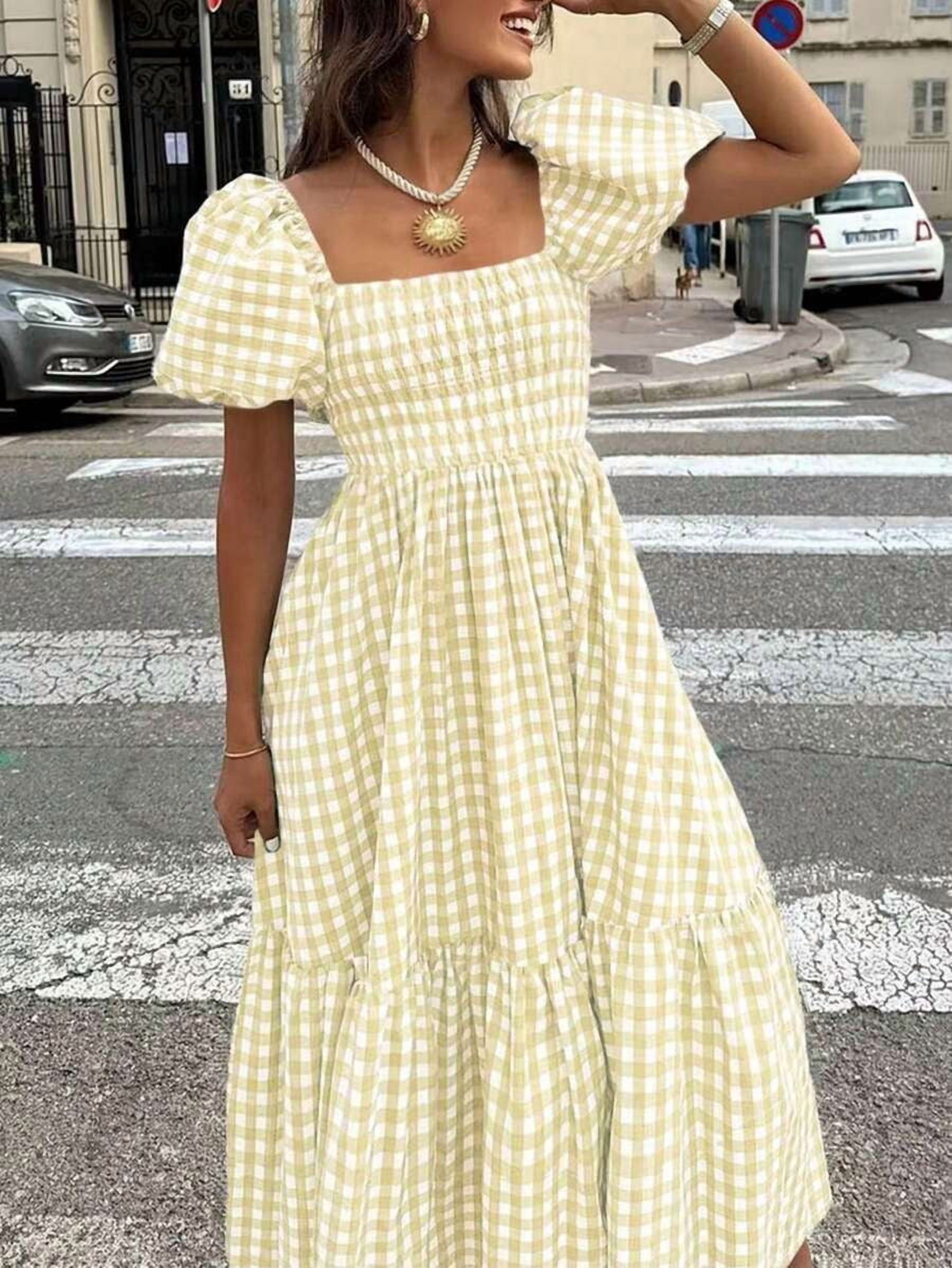 Apricot Gingham Square Neck Puff Sleeve Tiered Midi Dress For Women ...