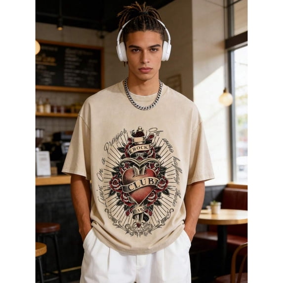 Apricot Graphic Tee For Men, Oversized Streetwear T-Shirt With Vintage ...