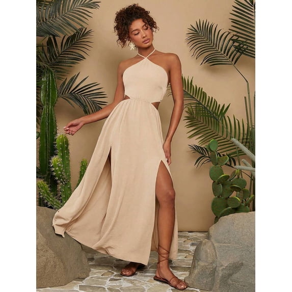 Apricot Halter Neck Maxi Dress With Side Slit And Waist Cut-Out For ...