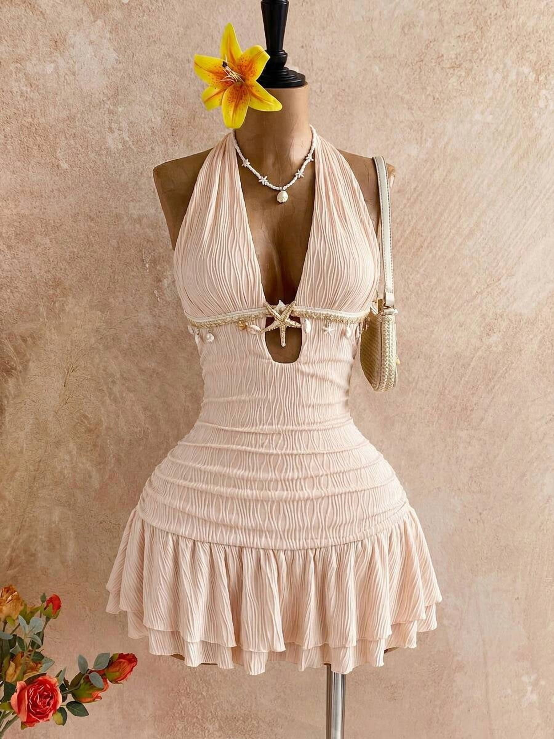 Apricot Halter Twist Ruched Bodycon Mini Dress With Shell And Starfish ...