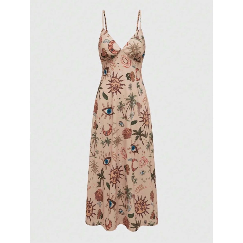 Apricot Hippie-Style Palm Tree & Sun Print Long Sundress With Spaghetti ...