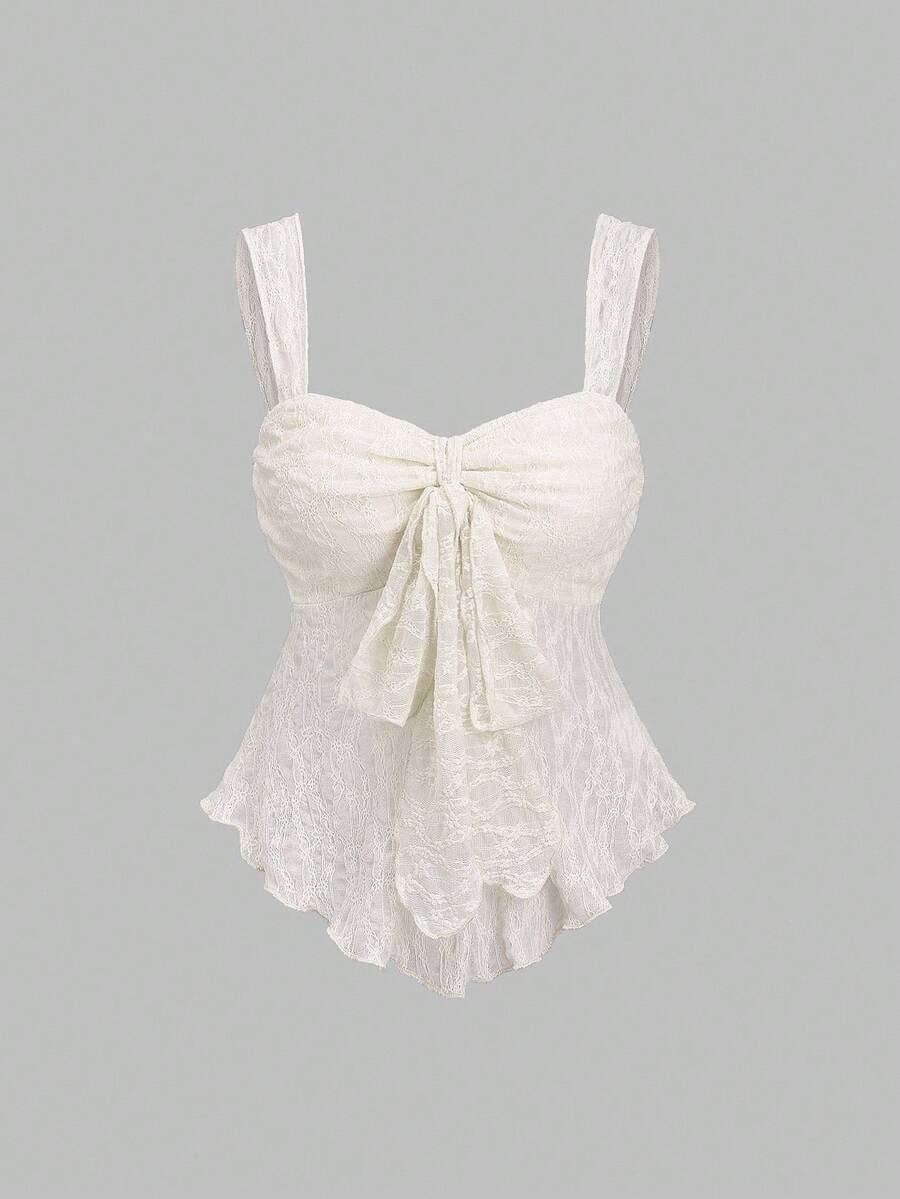 Apricot Lace Peplum Top With Front Bow And Wide Straps, Feminine Sweet ...