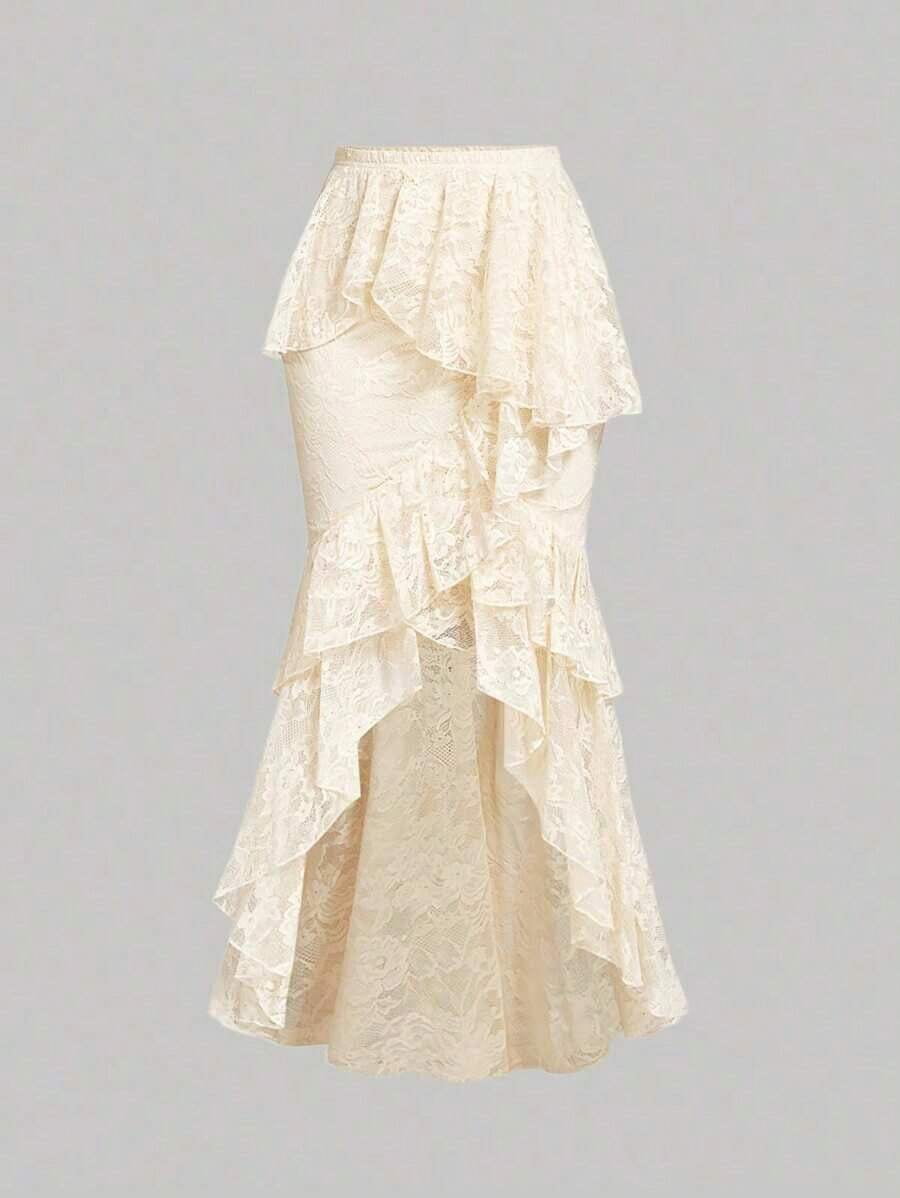 Apricot Lace Ruffle Tiered Mermaid Skirt For Women, Boho Festival ...
