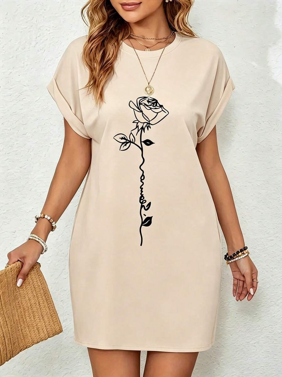 Apricot Line Art Rose Print Batwing Sleeve Shirt Dress With Hidden ...