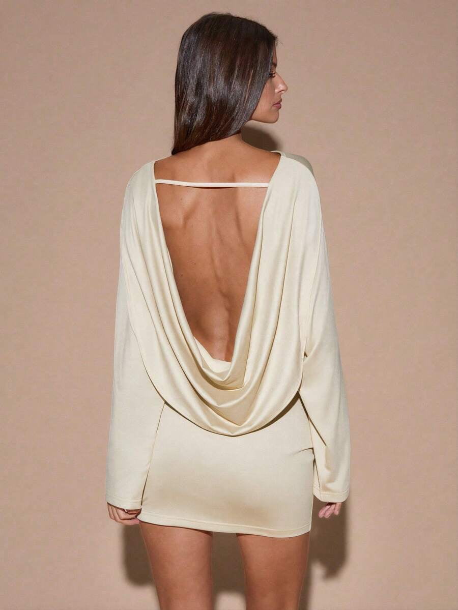 Apricot Long Sleeve Loose Cowl Back Mini Dress For Cocktail Party ...