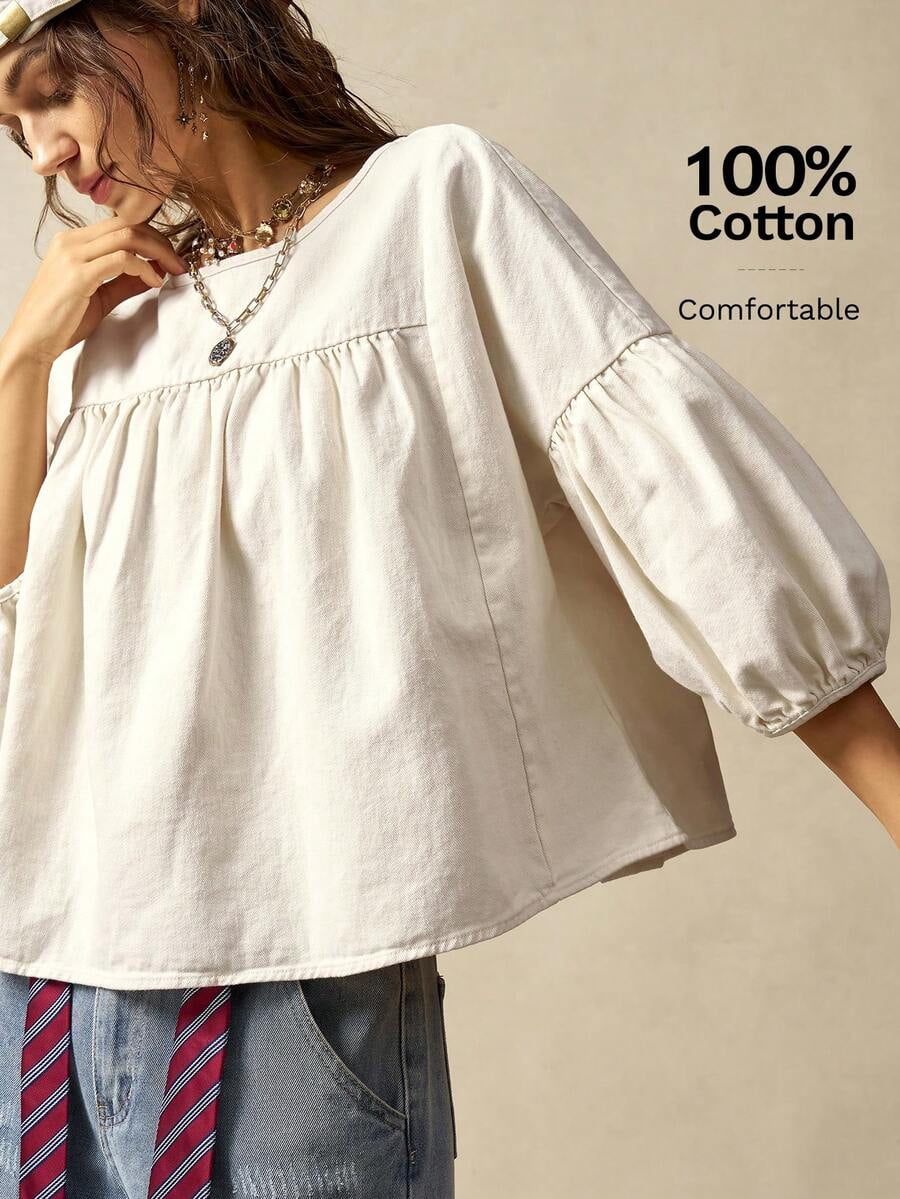 Apricot Loose Fit Womens Vacation Puff Sleeve Cotton Blouse With Ruched ...