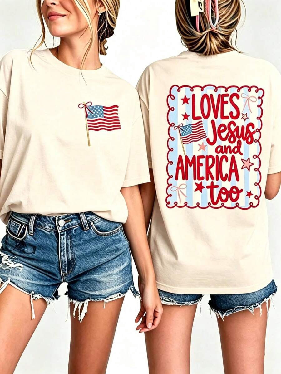 Apricot Loves Jesus And America Too Patriotic Graphic Tee With Flag Bow ...