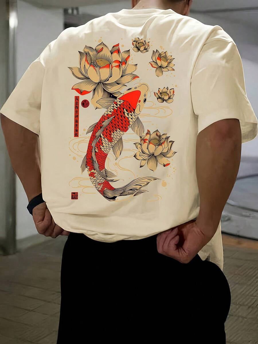 Apricot Mens Loose Fit Graphic T-Shirt With Koi Fish And Lotus Print ...