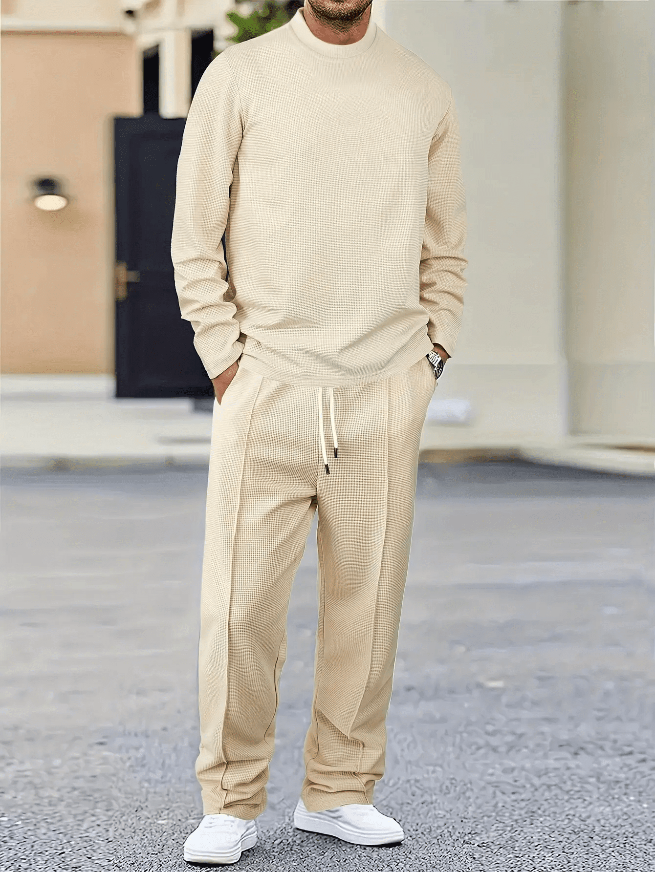 Apricot Mens Solid Color Two-Piece Set: Crew Neck Long-Sleeve Top ...