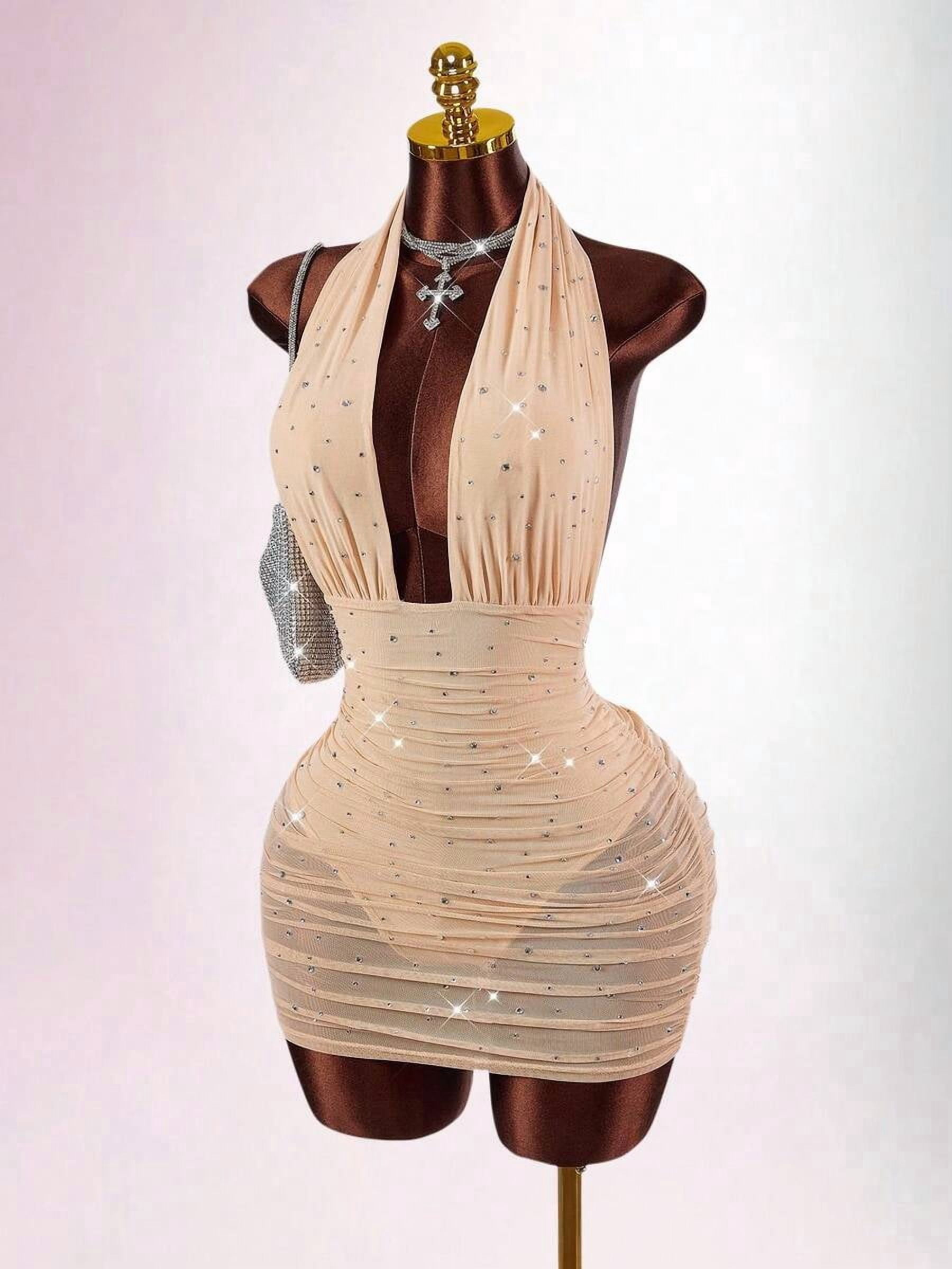 Apricot Mesh Sleeveless Halter Neck Mini Dress With Ruched Bodycon Fit ...