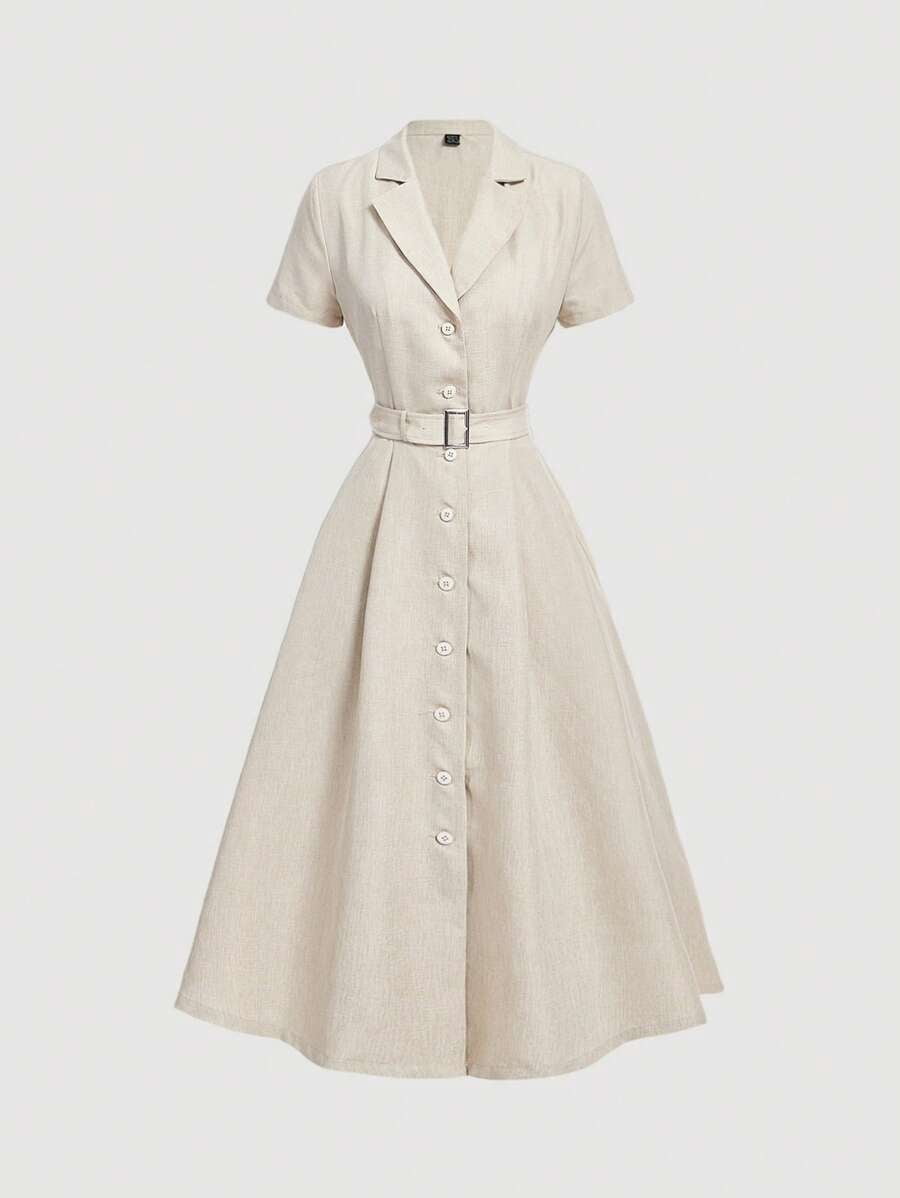 Apricot Mid-Length Shirt Dress With Lapel, Belt, And Short Sleeves ...