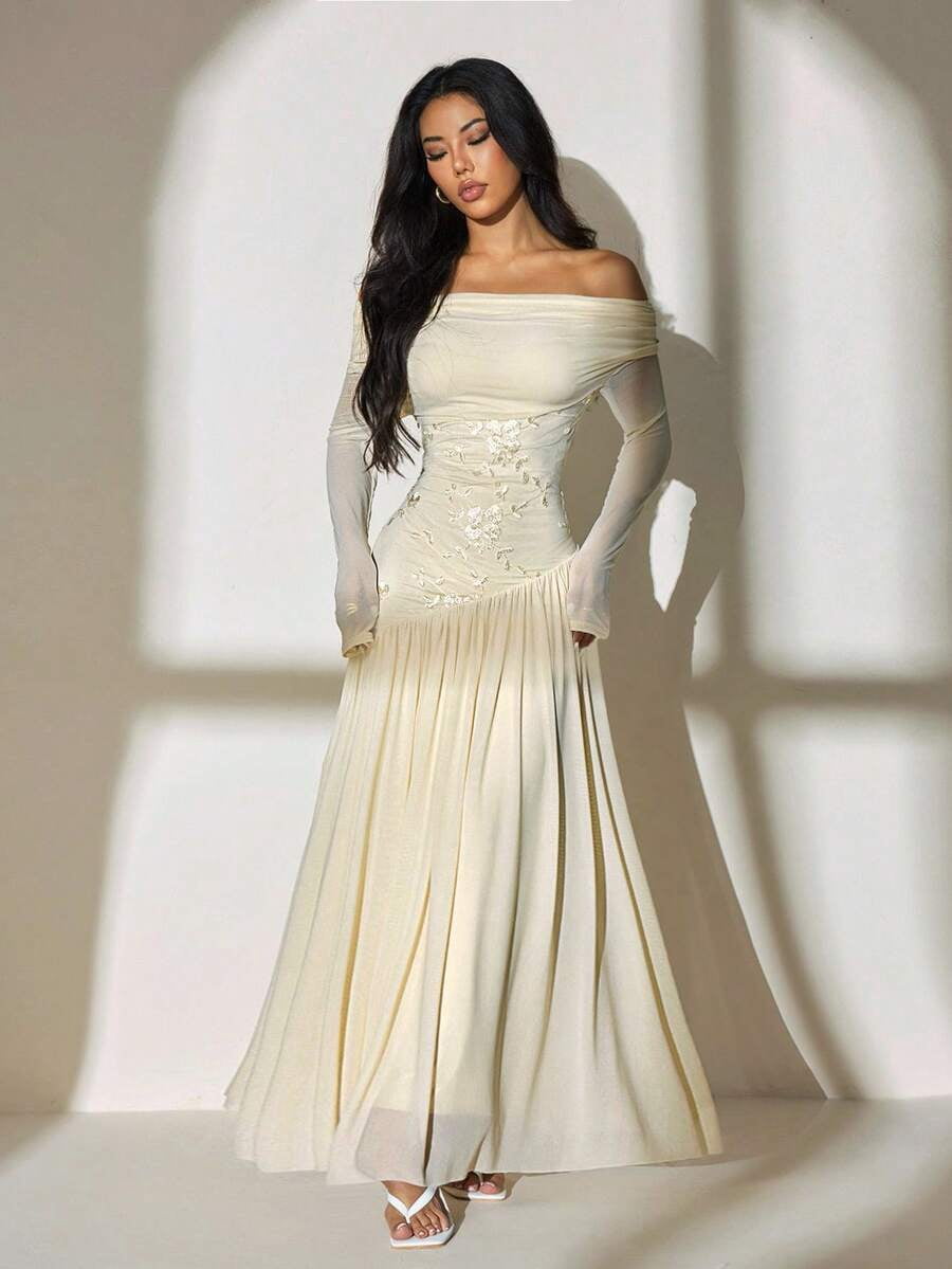 Apricot Off-Shoulder Long Sleeve Embroidered Maxi Dress With Mesh ...