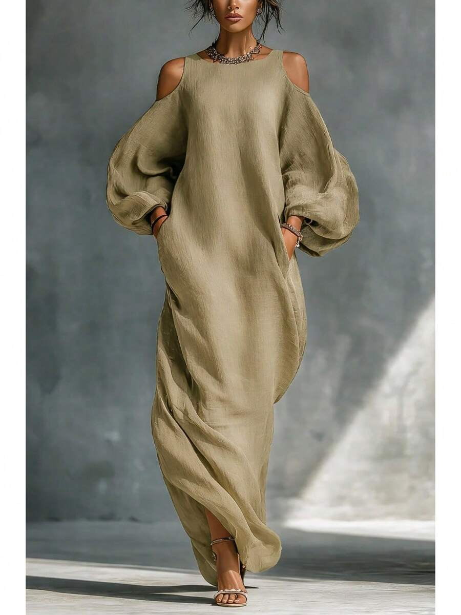 Apricot Off Shoulder Long Sleeve Oversized Maxi Dress For Women Elegant ...