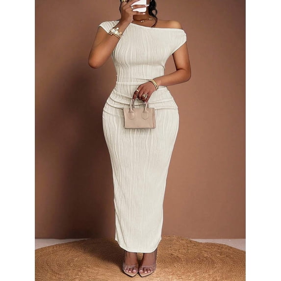 Apricot Off-Shoulder One-Shoulder Pleated Slim Maxi Dress With Wavy ...