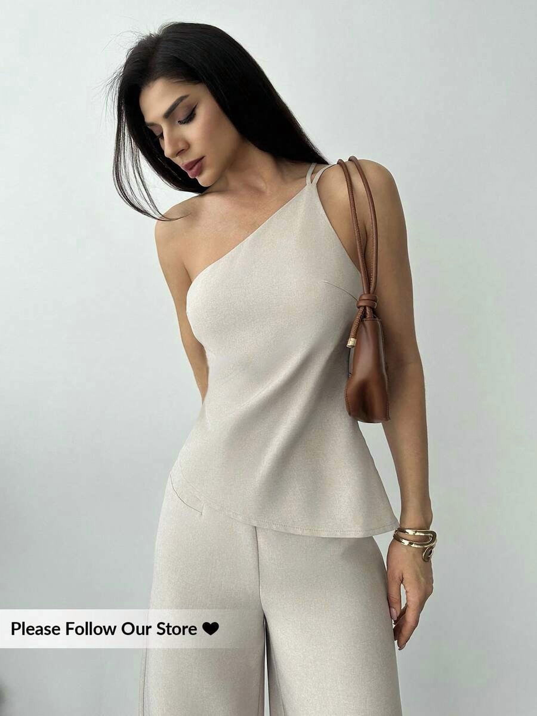 Apricot One-Shoulder Asymmetrical Top With Ruched Waist And Wide-Leg ...