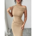 Apricot One Shoulder Ruched Waist Bodycon Dress With Goldtone Metal ...
