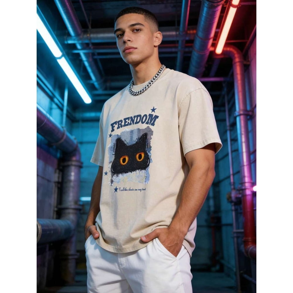 Apricot Oversized Graphic Cotton T-Shirt For Men, Streetwear Tee With ...