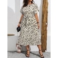 Apricot Plus Size Crew Neck Short Sleeve All-Over Print Pleated Midi ...