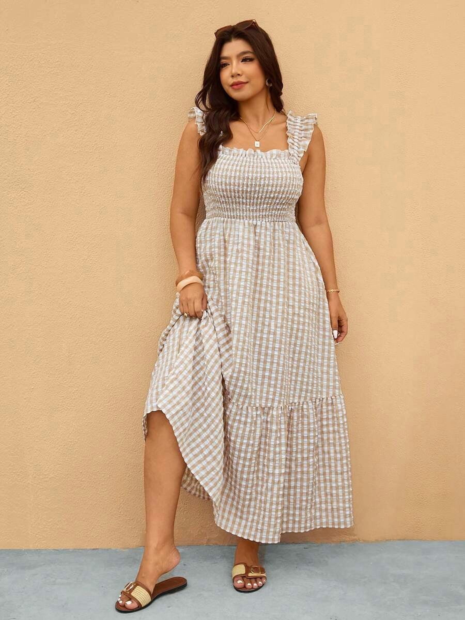 Apricot Plus Size Loose Plaid Maxi Dress With Ruffle Shoulder And ...
