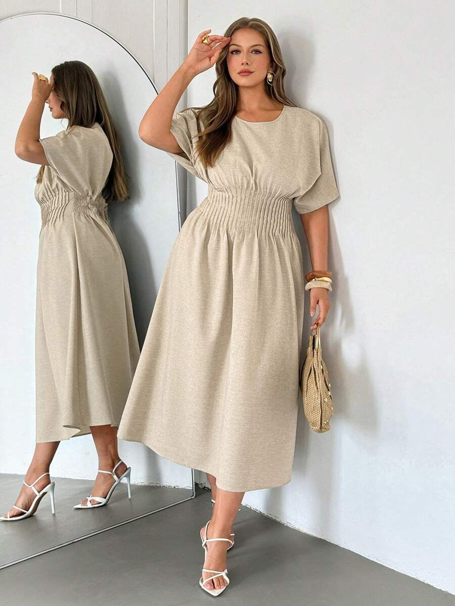 Apricot Plus Size Women Summer Casual Dress With Pleated Waist And ...