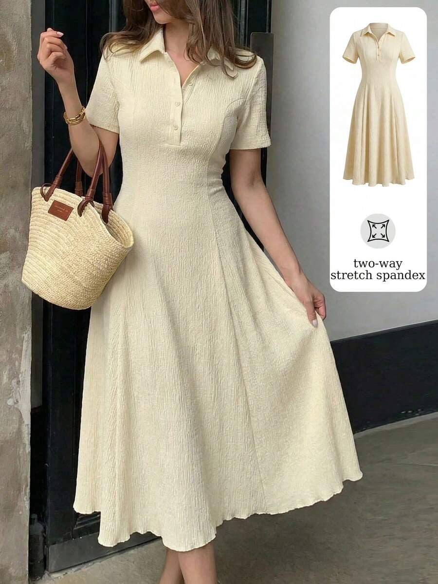 Apricot Polo Collar Midi Dress With Two-Way Stretch Spandex Fabric A ...