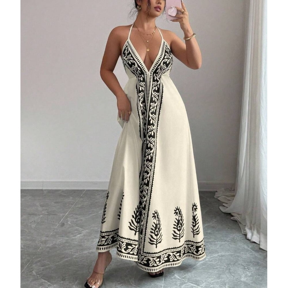 Apricot Printed Halter Neck Maxi Slip Dress With Black Embroidered ...
