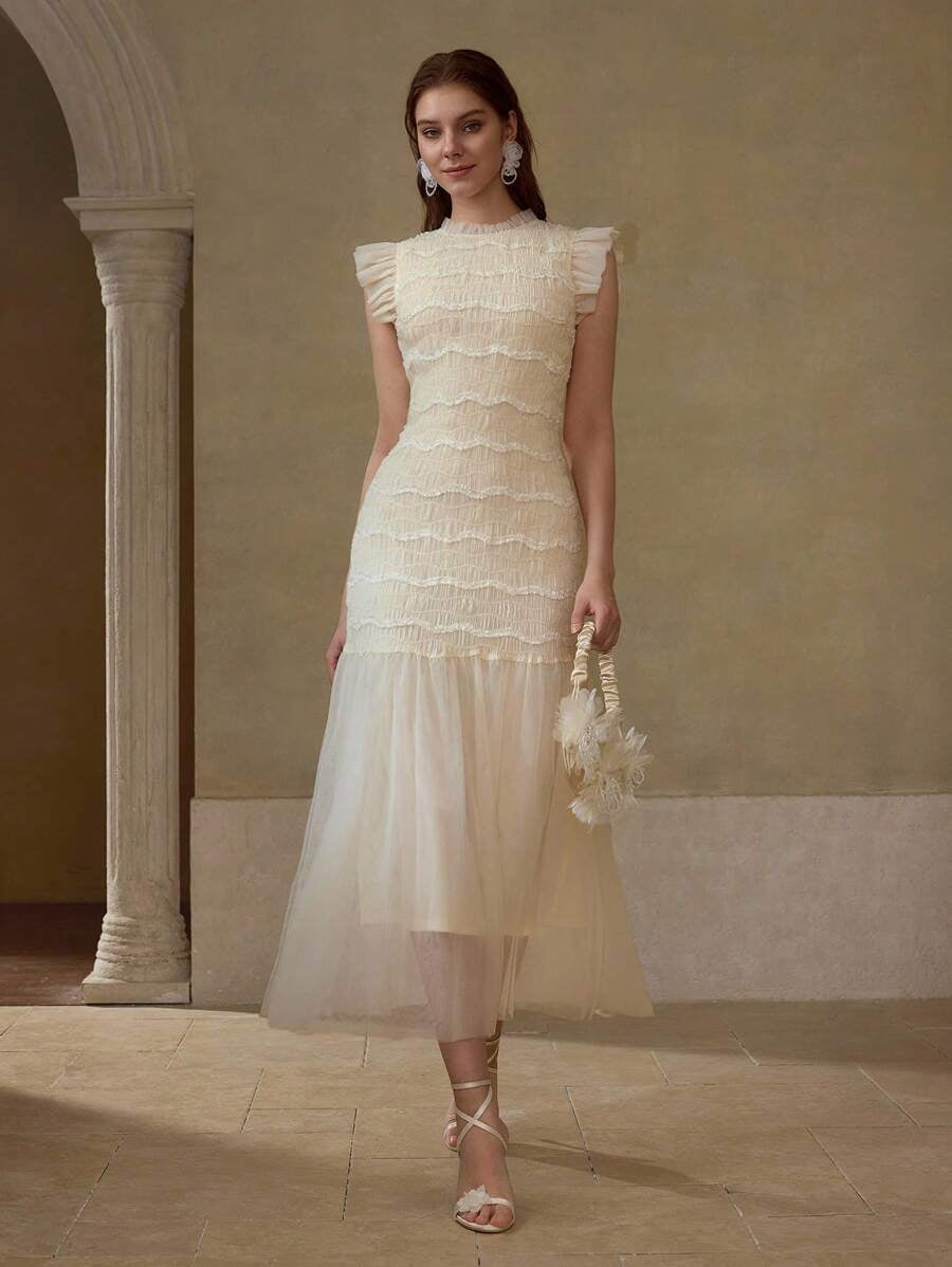 Apricot Ruched Fabric Contrast Mesh Romantic Long Dress For Vacation ...