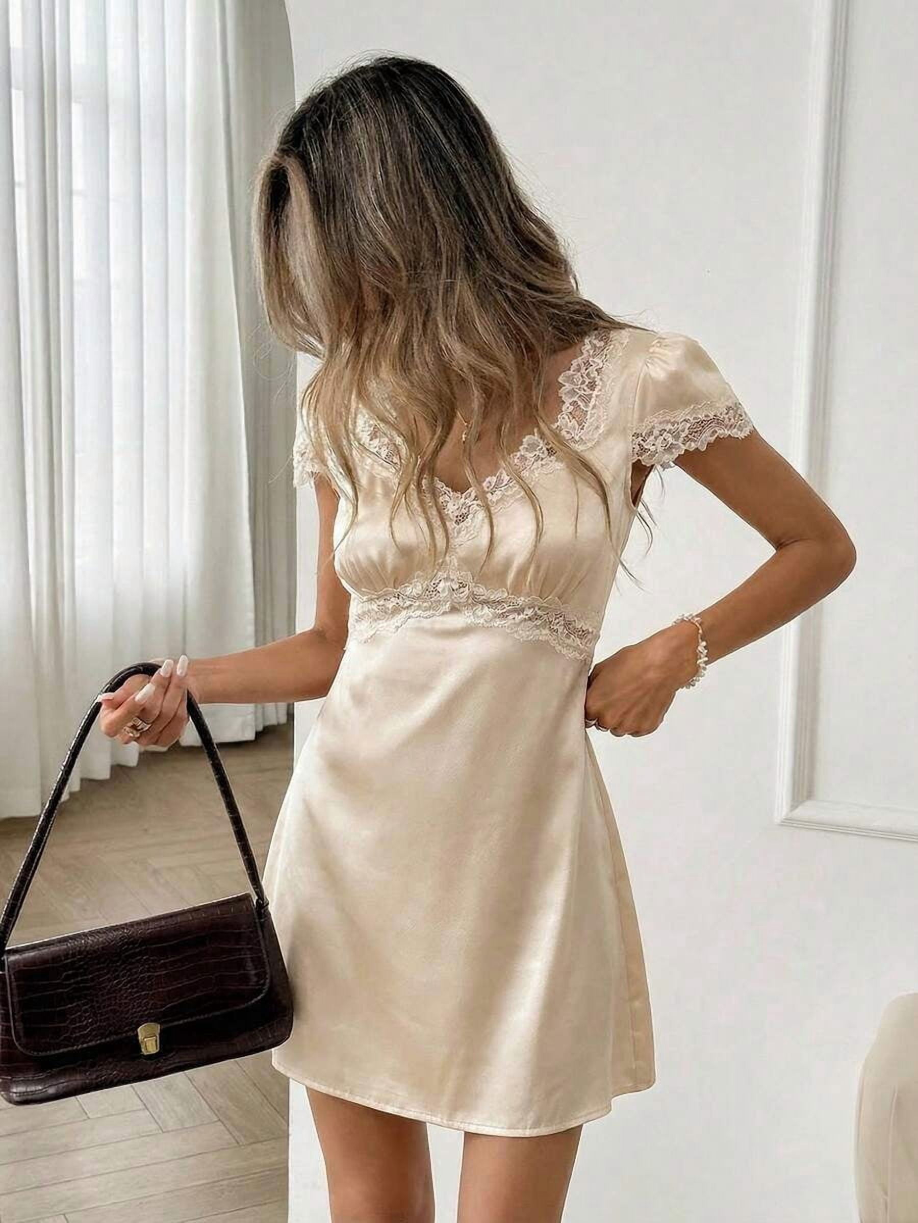 Apricot Satin Lace-Trimmed V-Neck Petal Sleeve A-Line Mini Dress With ...